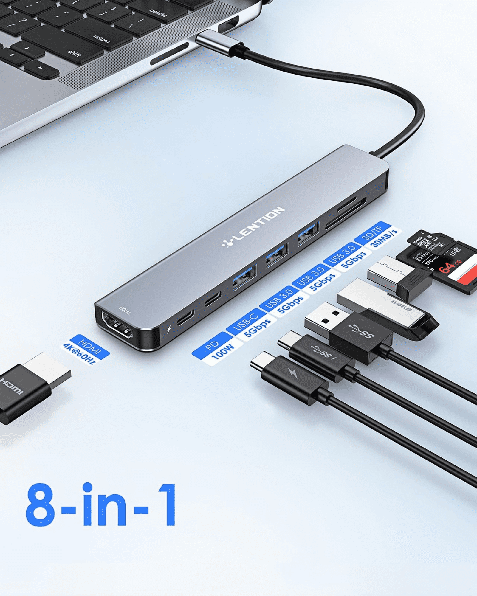 LENTION 8-in-1 USB-C Hub - 4K HDMI, 100W Power Delivery, USB 3.0, SD/TF ...
