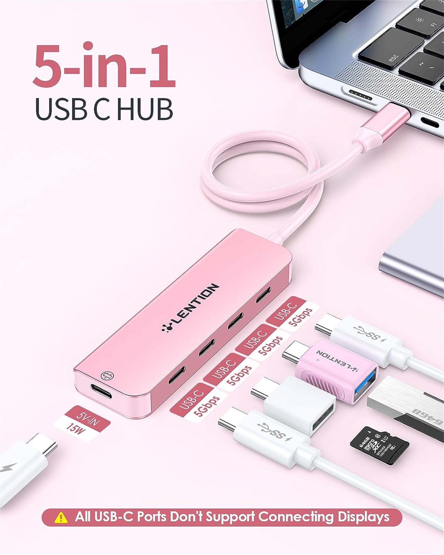 LENTION USB C Hub, 5-in-1 USB C to USB C Multiport Adapter with 2FT ...