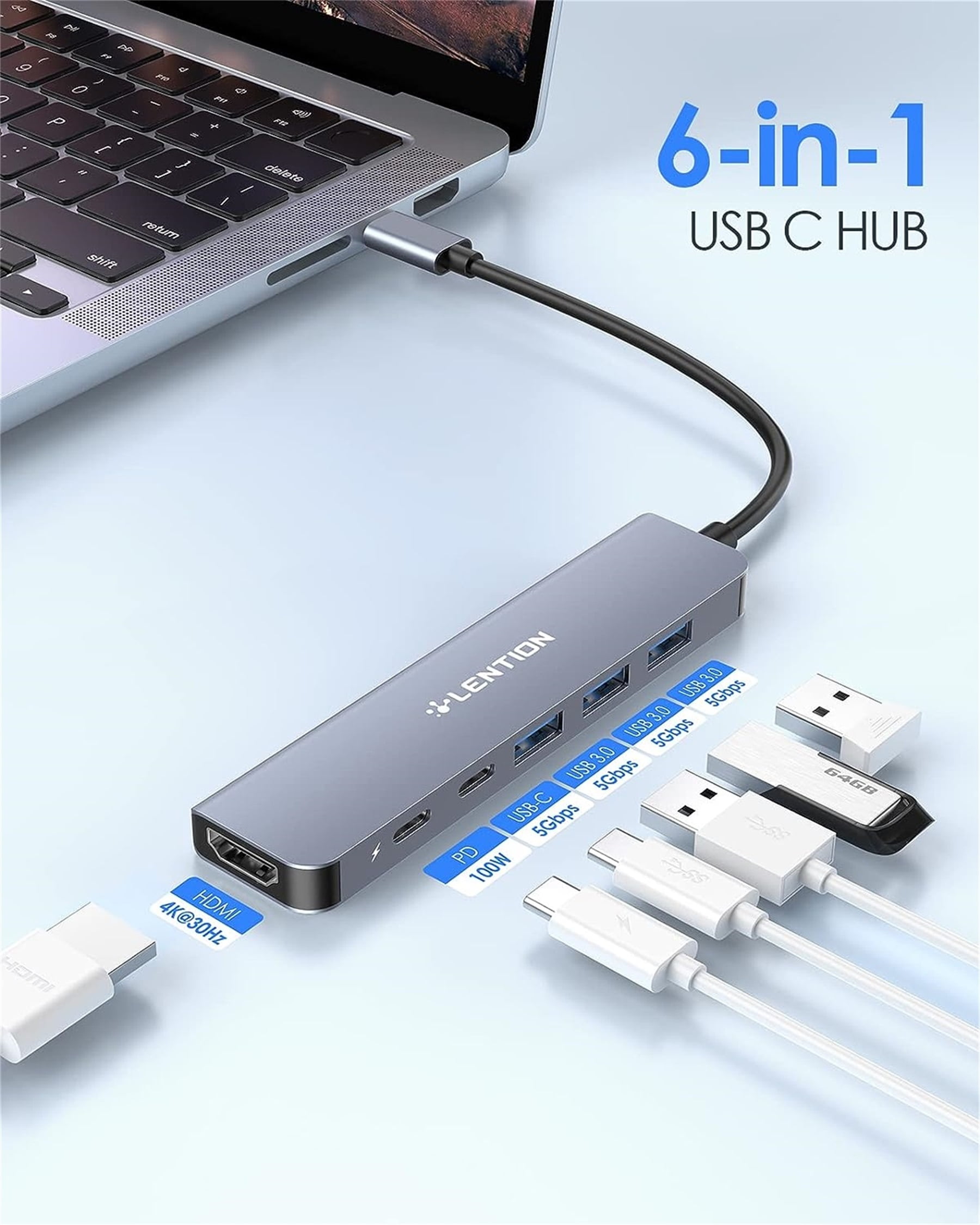 LENTION USB C Hub, 6 in 1 USB C Multiport Dongle with 4K HDMI, USB C ...