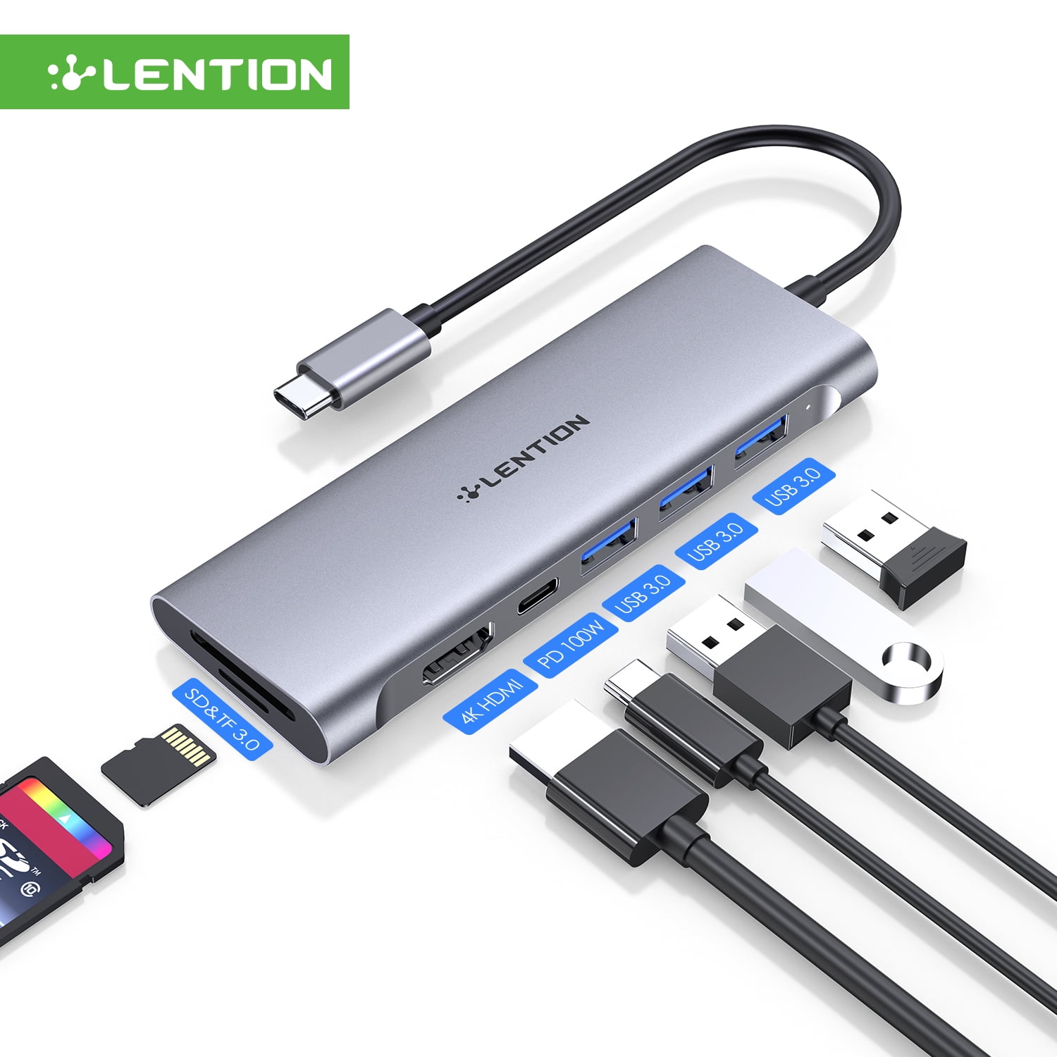 LENTION 7-in-1 USB C Hub with 4K HDMI, 3 USB 3.0, 100W PD, SD/TF Reader ...