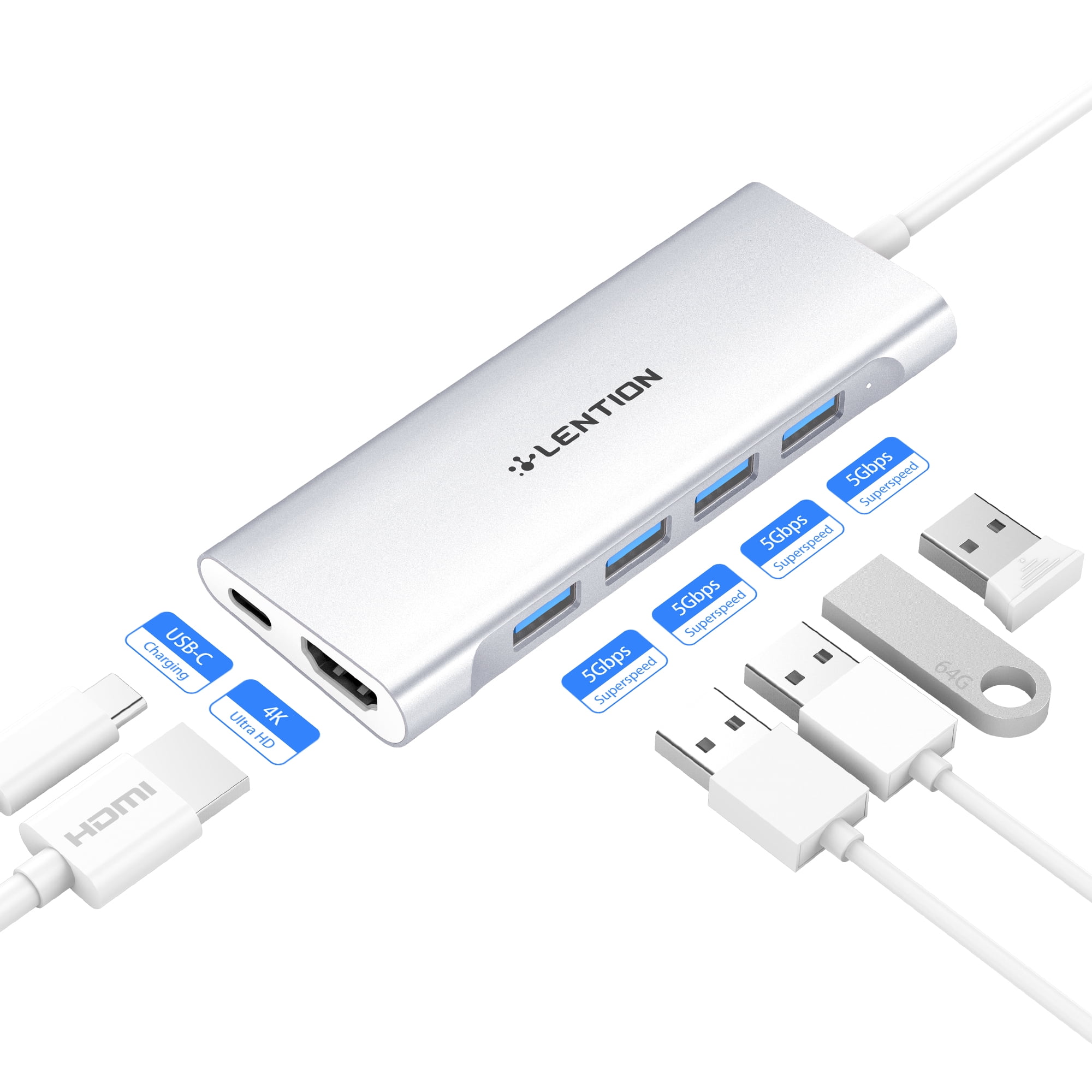 LENTION USB-C 6-in-1 Hub, 4K HDMI, 4 USB 3.0 Ports, Type C Charging ...
