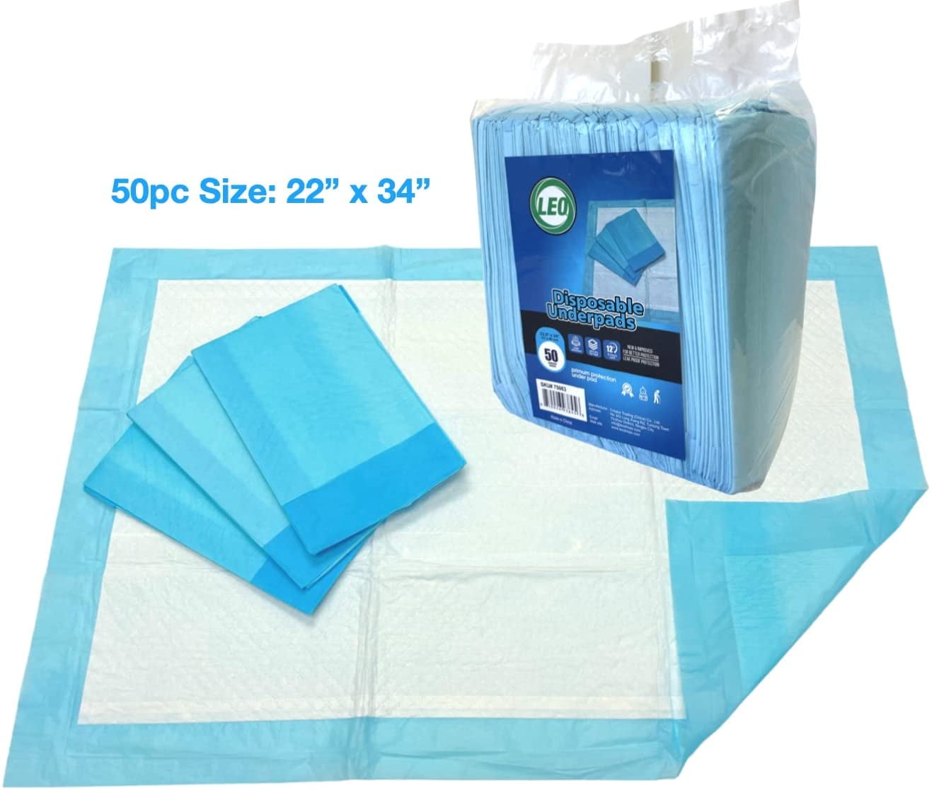 "LEO Disposable Underpads 22""x34"", Waterproof, Absorbent, Blue, 50 ...