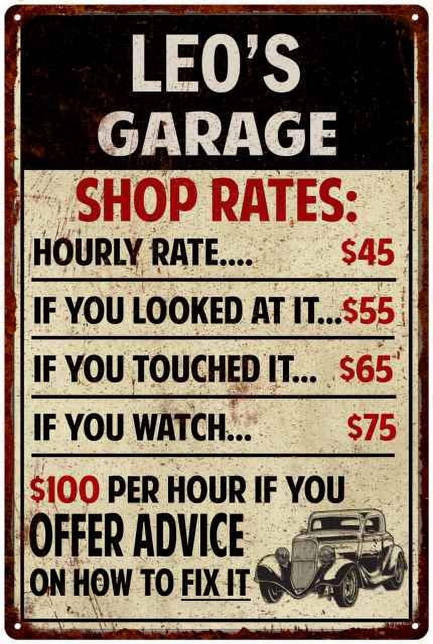 LEO'S Garage Shop Rates Sign Man Cave Decor Gift 8x12 Metal ...