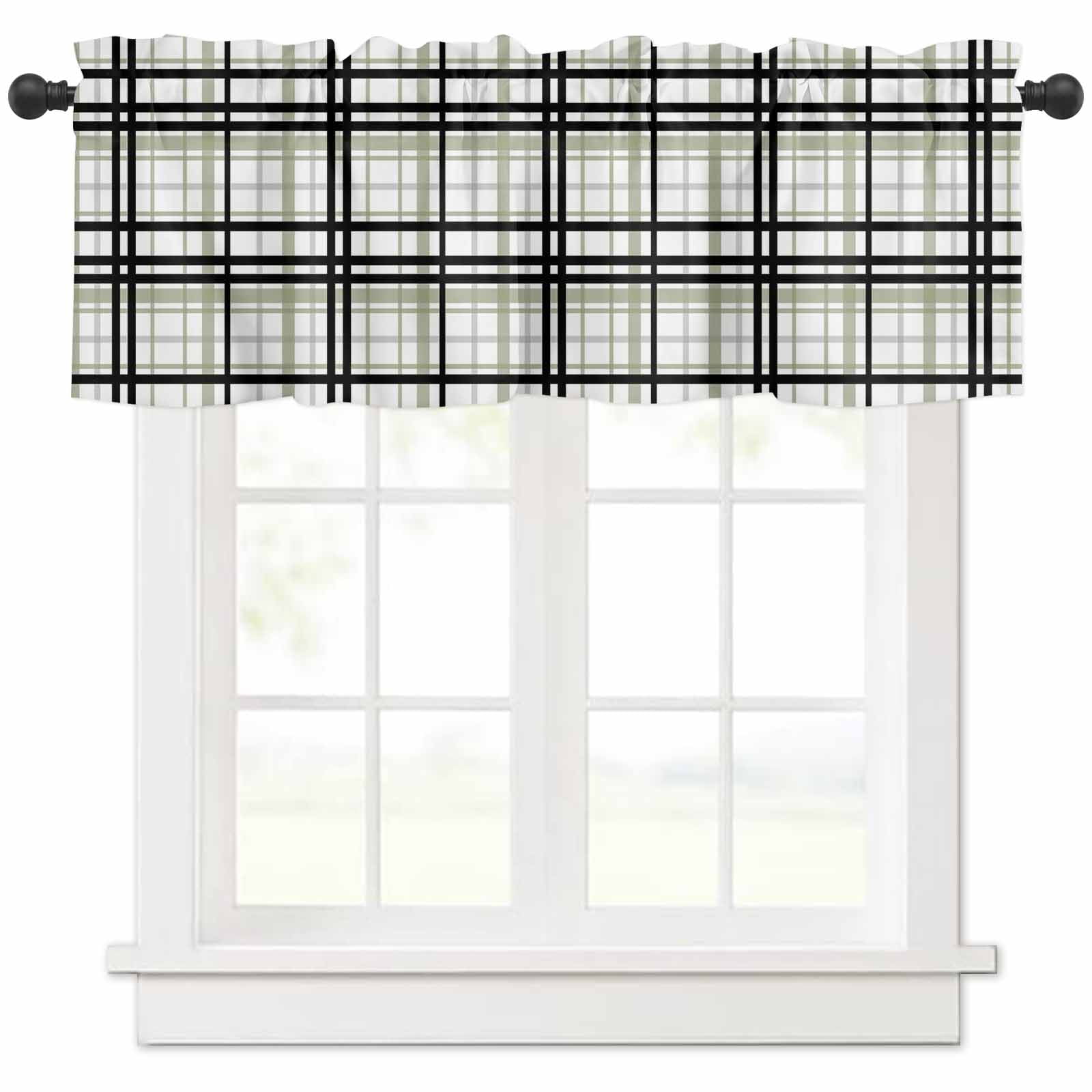 LEOKOTI Valances for Windows, Sage Green Black Plaid Light Filtering ...