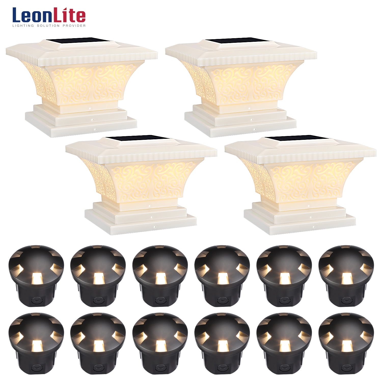 LEONLITE LED Pathway Lighting Kit (4 Pack Solar Post Cap Lights & 12 ...