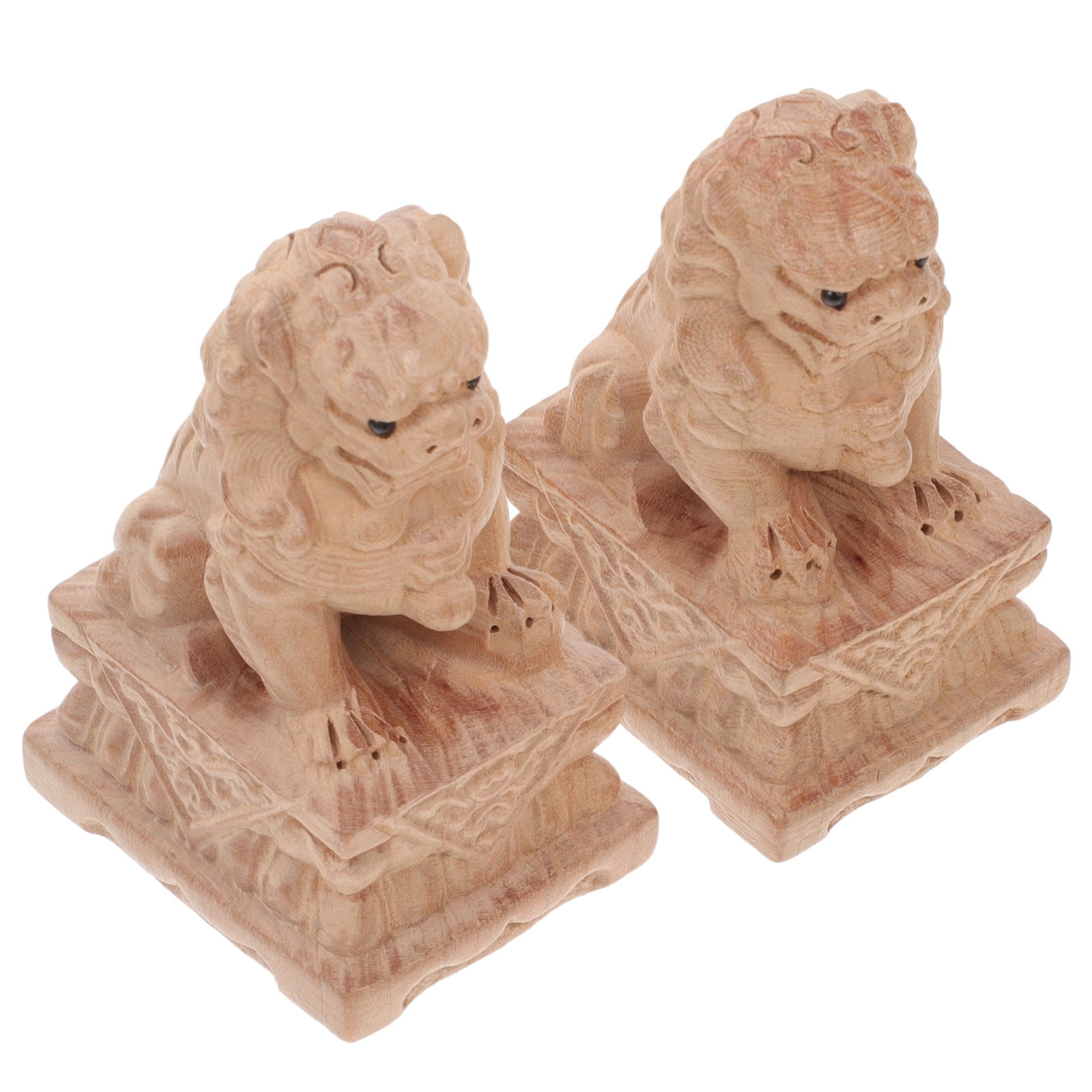 LEORX 1 Pair Small Animal Statue Decor Wooden Lion Shape Khaki For Home ...
