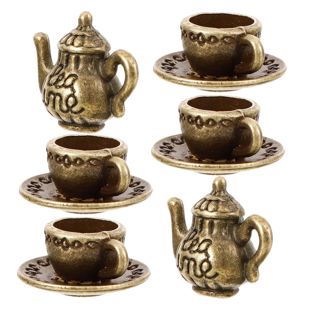 LEORX Vintage Dark Brown Metal Tea Cup Miniatures 2Sets for Dollhouse ...
