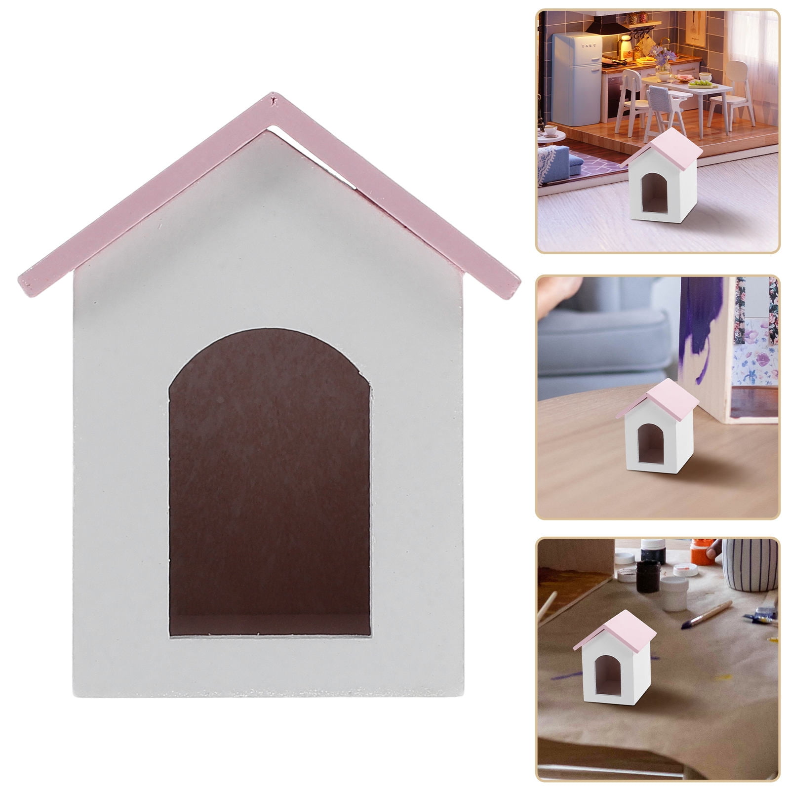 LEORX Wooden Dollhouse 1Pack Miniature Dog House Pink Roof White Walls ...