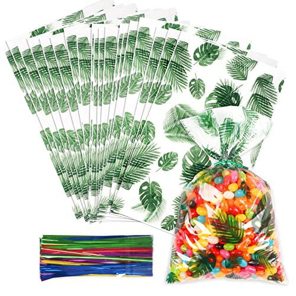 LEOSINDA Clear 100 pcs Hawaiian Luau Cellophane Treat Bags Green Jungle ...