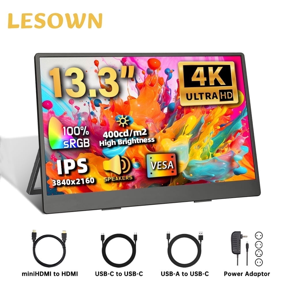 LESOWN 4K UHD 3840x2160 IPS Portable LCD Screen Monitor 13.3 inch HDMI ...