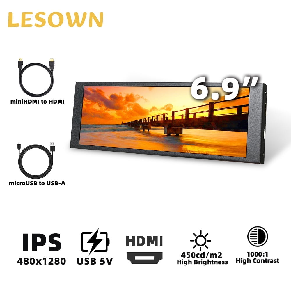 LESOWN Mini Stretched Bar Monitor 6.9-inch Full HD 480x1280 Ultra-wide Display IPS HDMI USB ...