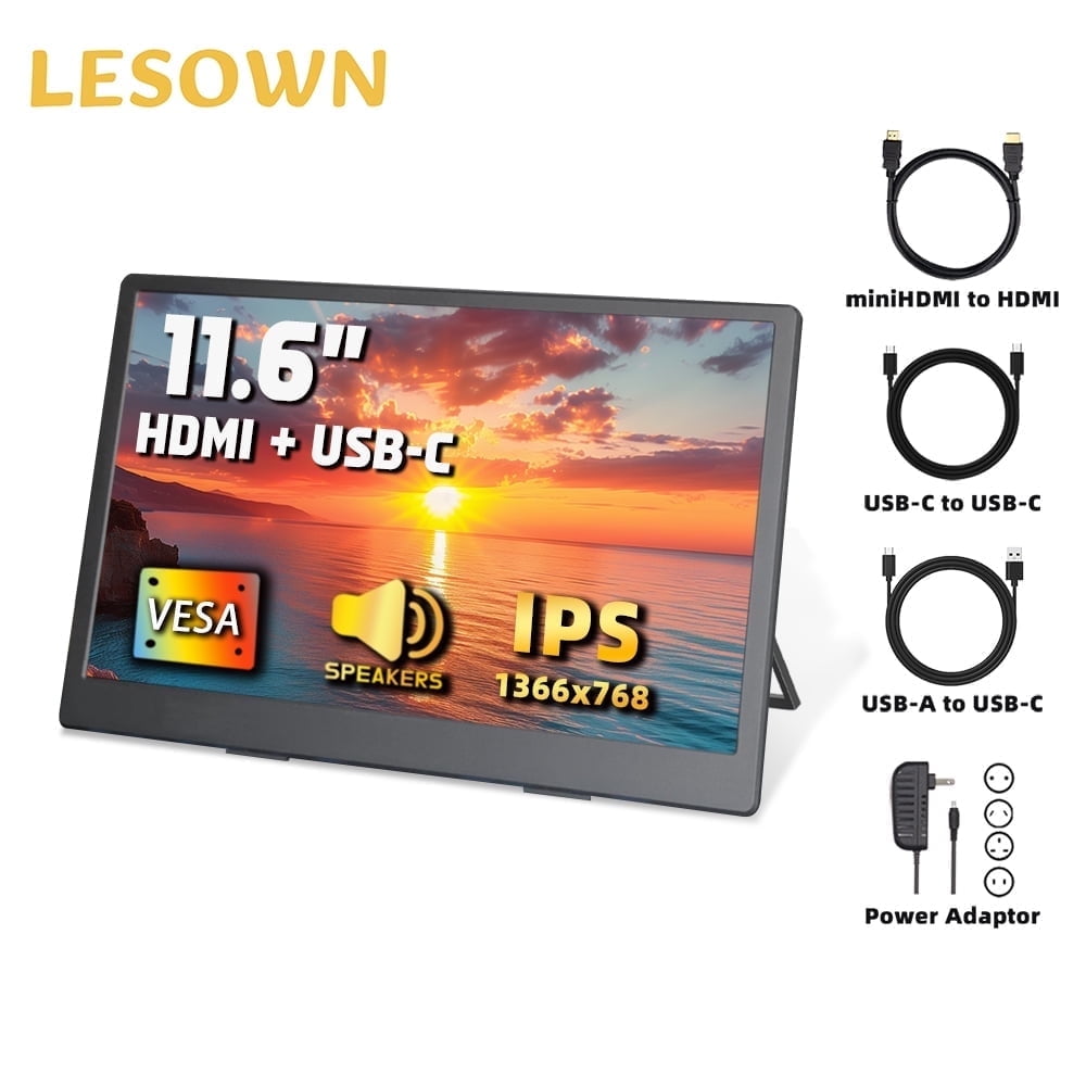 LESOWN Portable LCD Monitor 11.6 Inch IPS 1366x768 FHD VESA Gaming ...