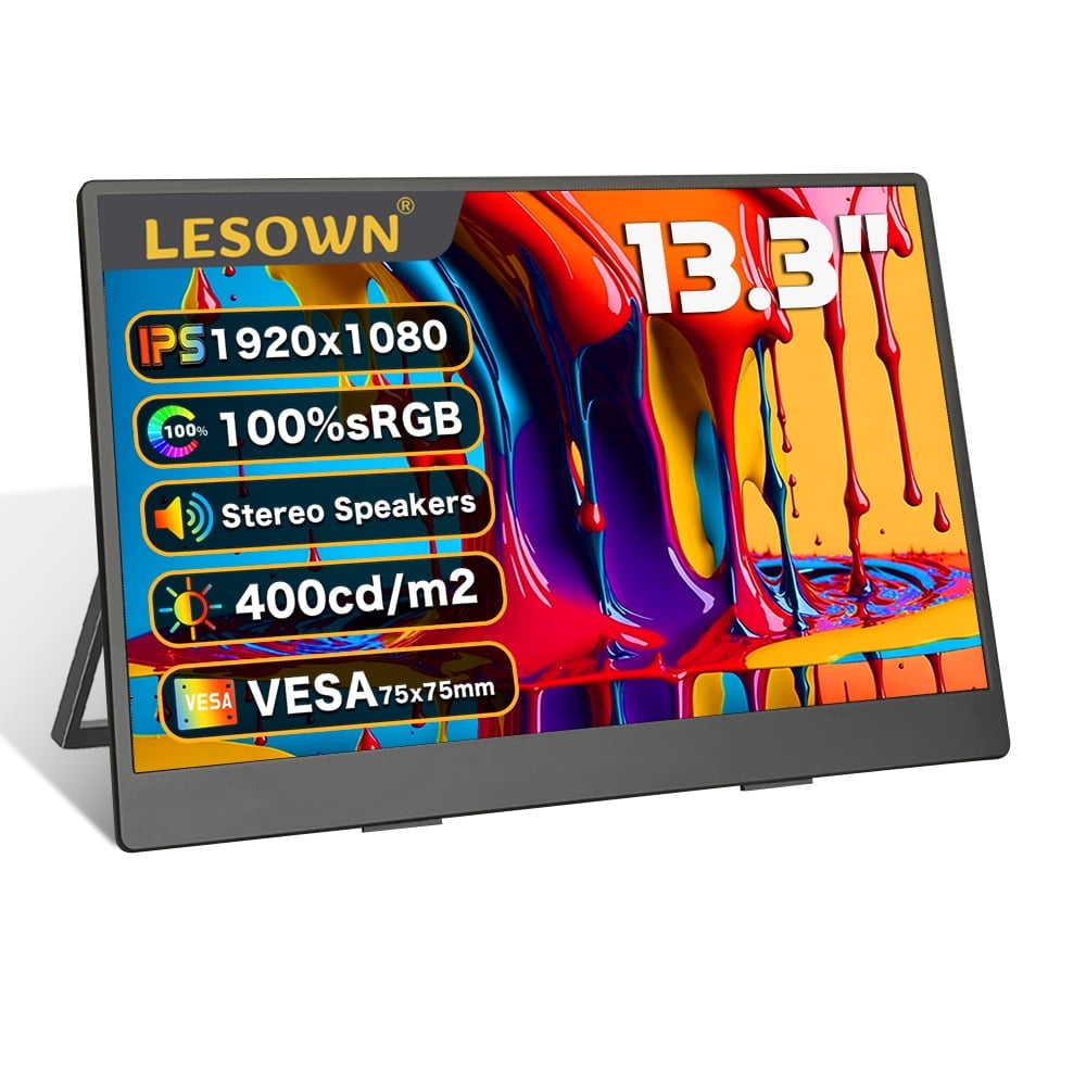 LESOWN Portable Monitor 13.3 inch 1920x1080 IPS USB-C VESA Laptop Second Screen Small LCD ...