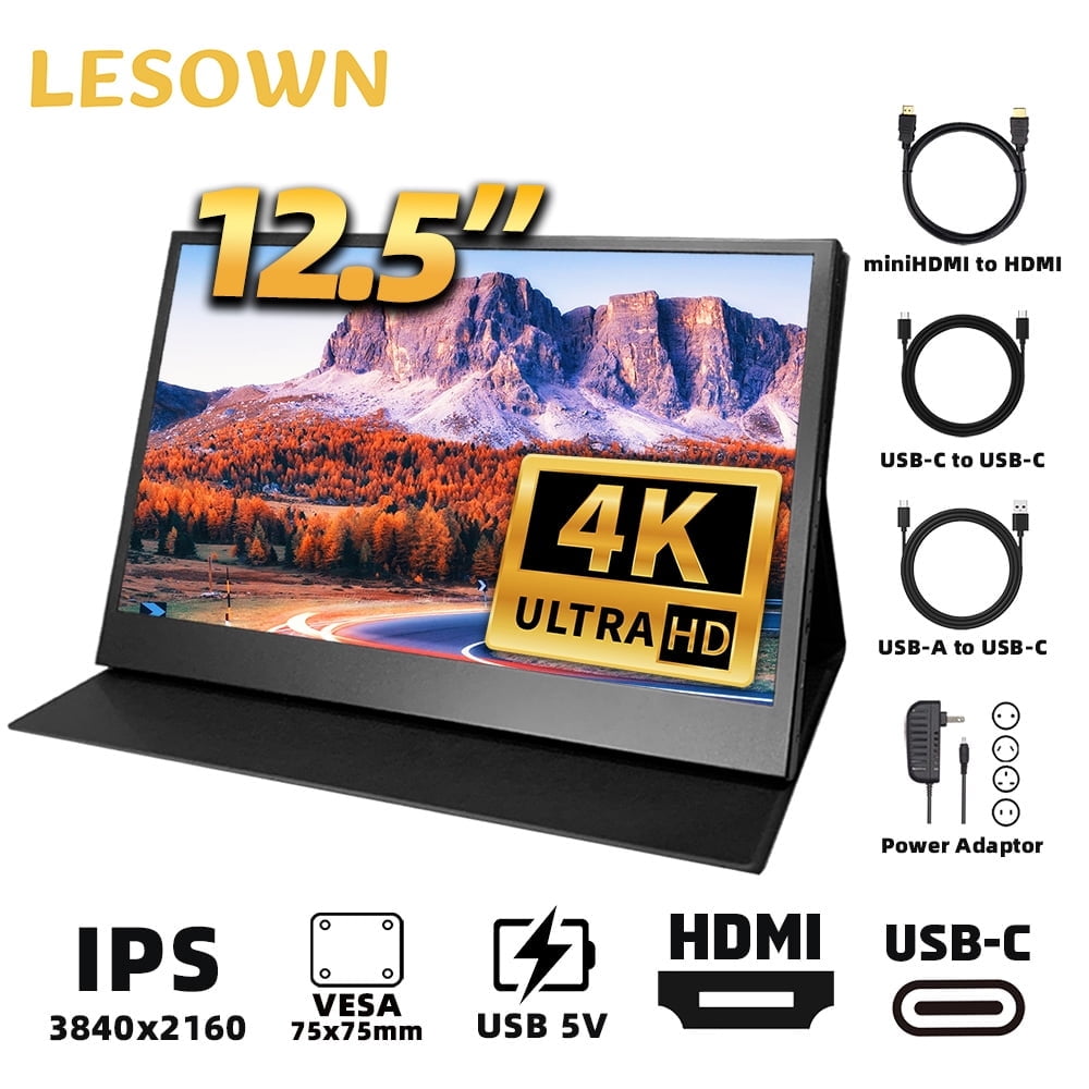 LESOWN Small 12.5 inch Travel Secondary Monitor 4K HD 3840x2160P IPS ...