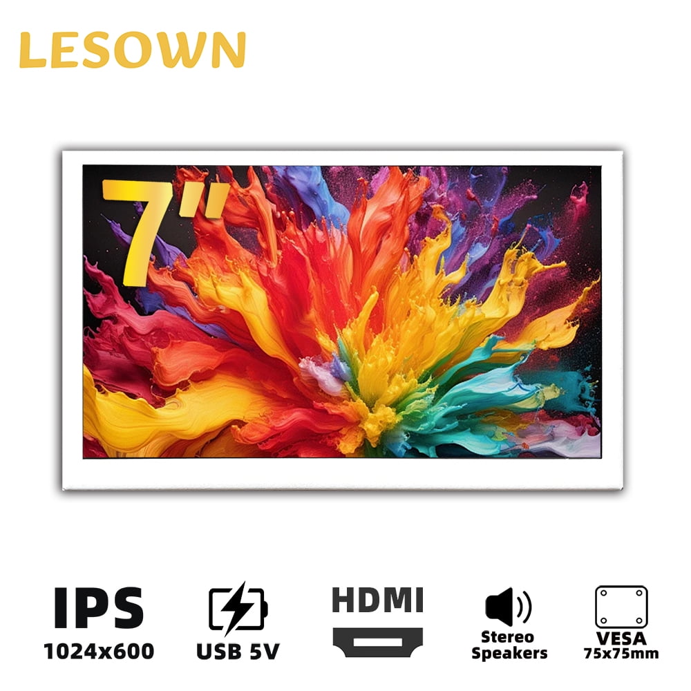LESOWN White Small Monitor 7 inch HDMI 1024x600 IPS LCD Second Screen ...