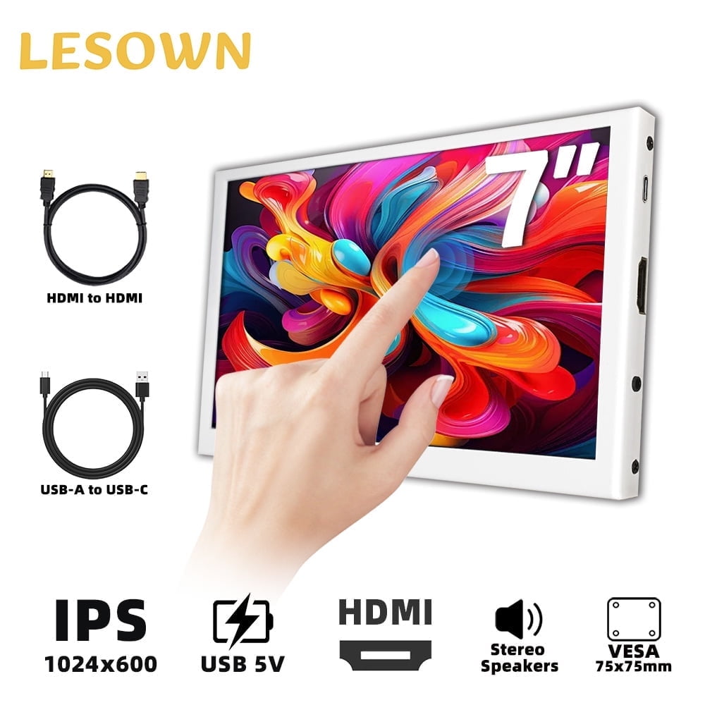 LESOWN White Small Monitor 7 inch HDMI 1024x600 IPS Touch LCD Second ...