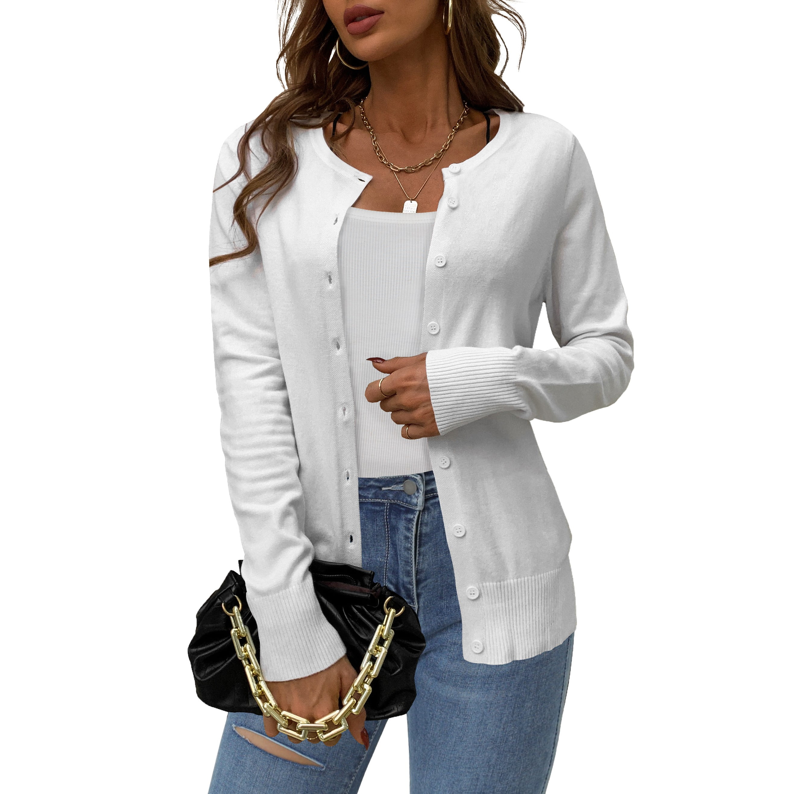 LETDIOSTO Lightweight White Cardigan, Crew Neck Button Down, Slim Fit ...