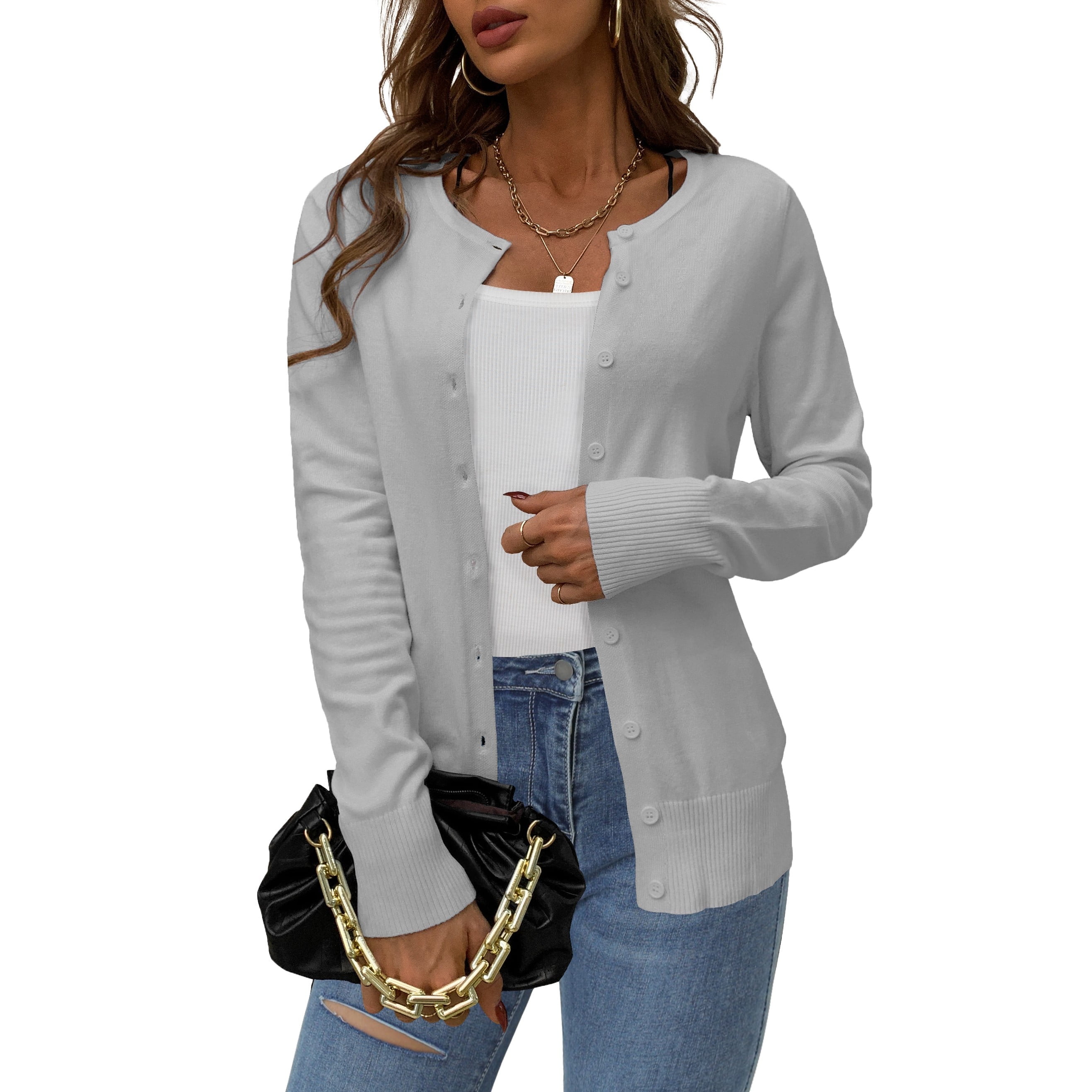 Letdiosto Womens Button Down Crew Neck Long Sleeve Soft Knit Cardigan