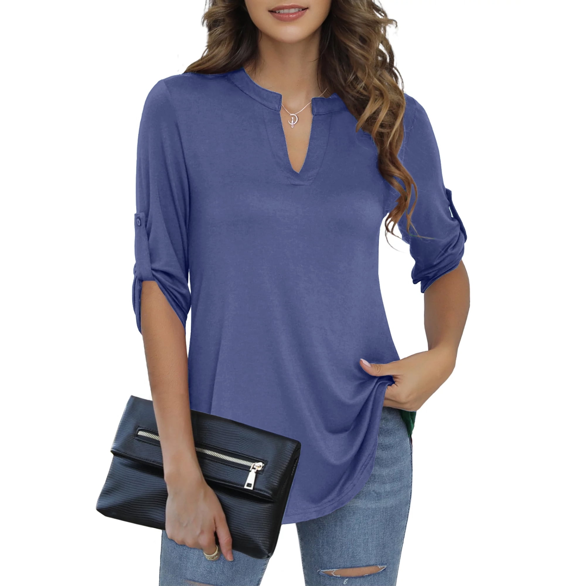 Letdiosto Womens Plus Size Shirts 3 4 Roll Sleeve V Neck Floral Flowy