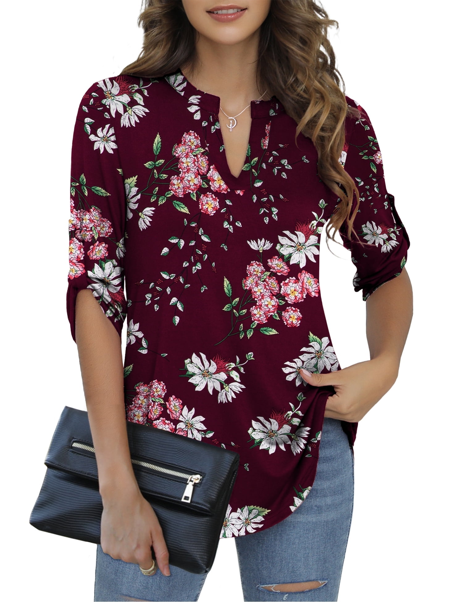 LETDIOSTO Women's Plus Size Floral Print Wear, 3/4 Roll Sleeve V Neck ...