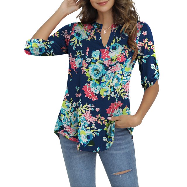 Letdiosto Womens Plus Size Shirts 3 4 Roll Sleeve V Neck Floral Flowy