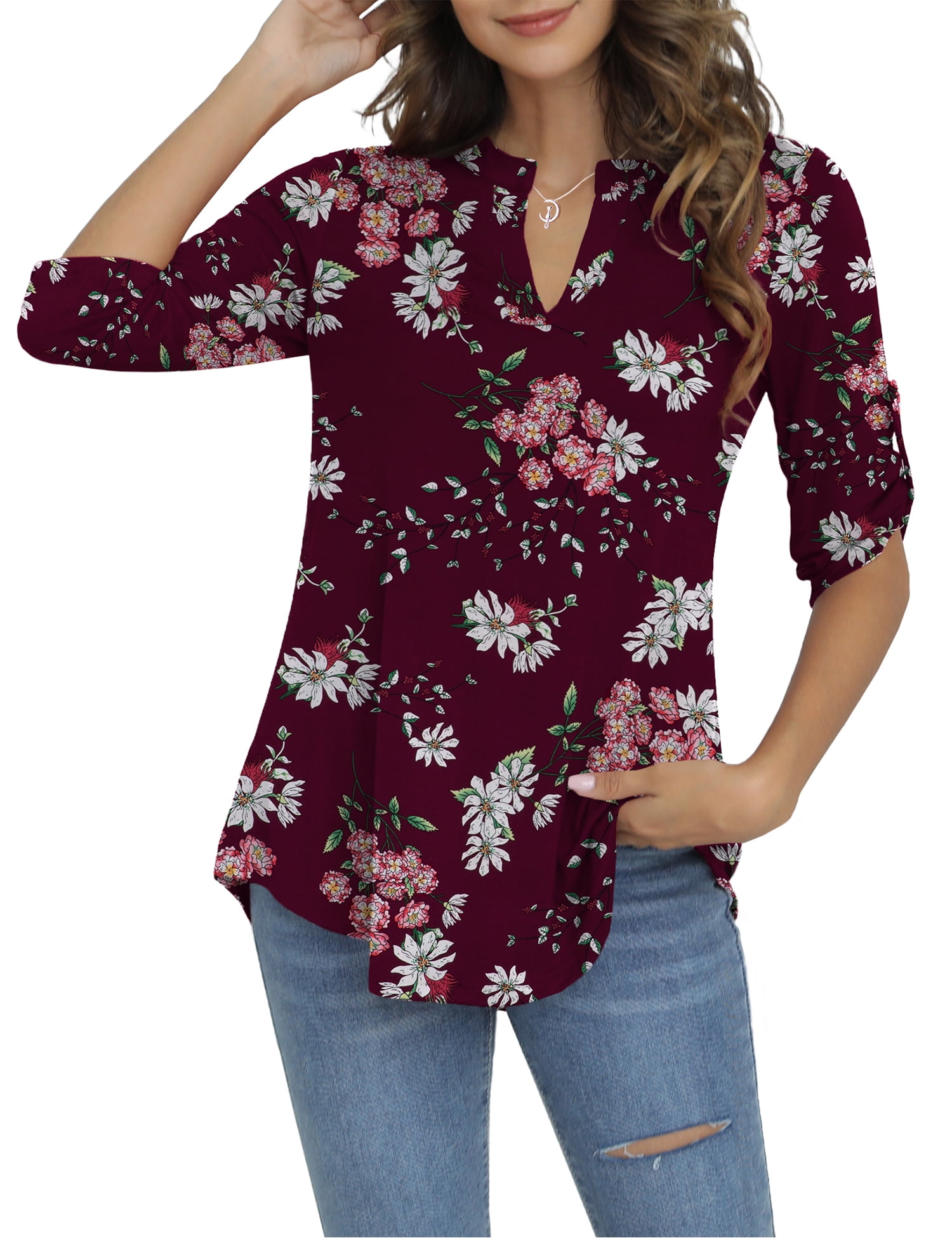 Letdiosto Womens Plus Size Shirts 3 4 Roll Sleeve V Neck Floral Flowy