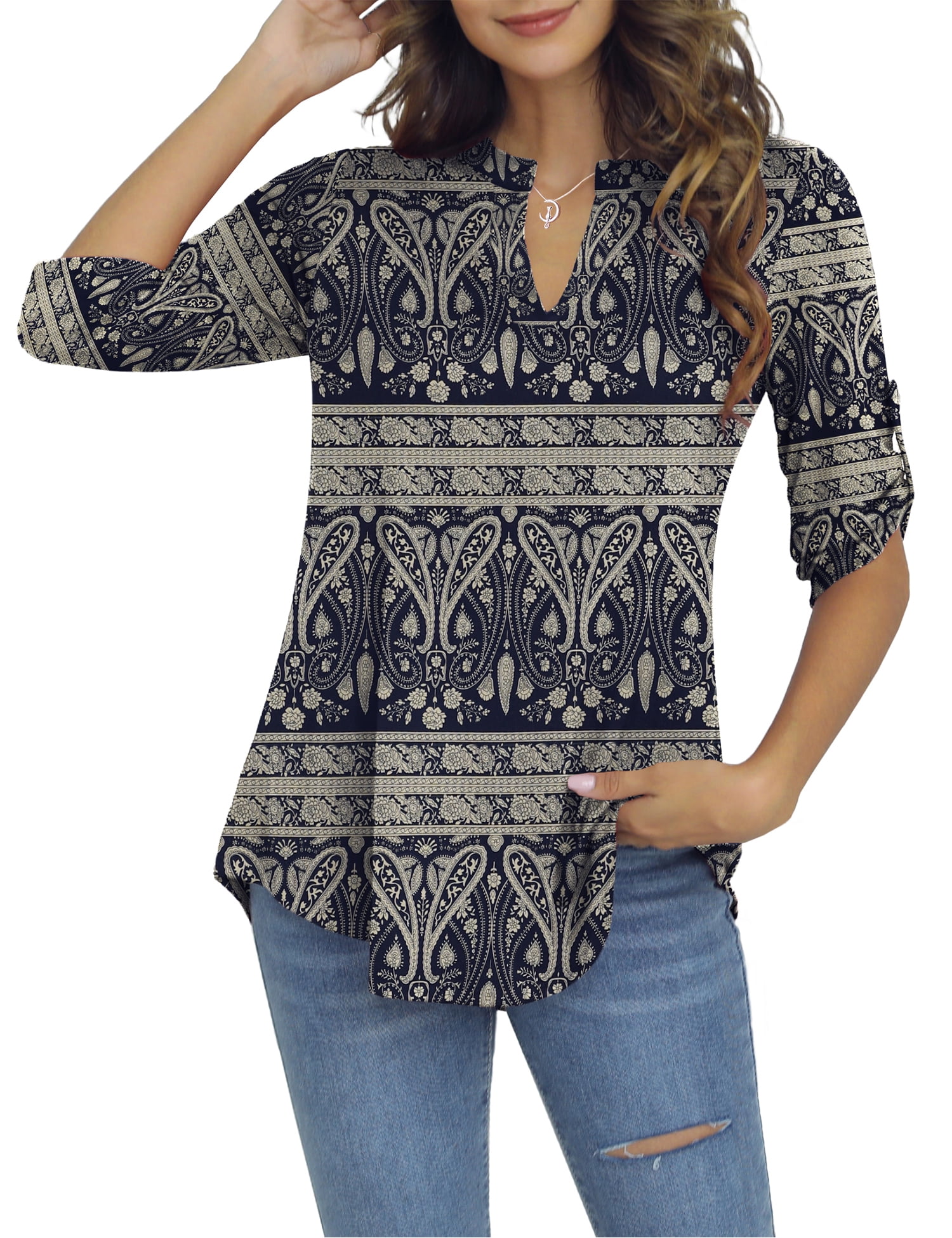 Letdiosto Womens Plus Size Shirts 3 4 Roll Sleeve V Neck Floral Flowy