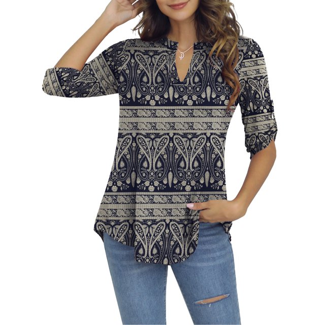 Letdiosto Womens Plus Size Shirts 3 4 Roll Sleeve V Neck Floral Flowy