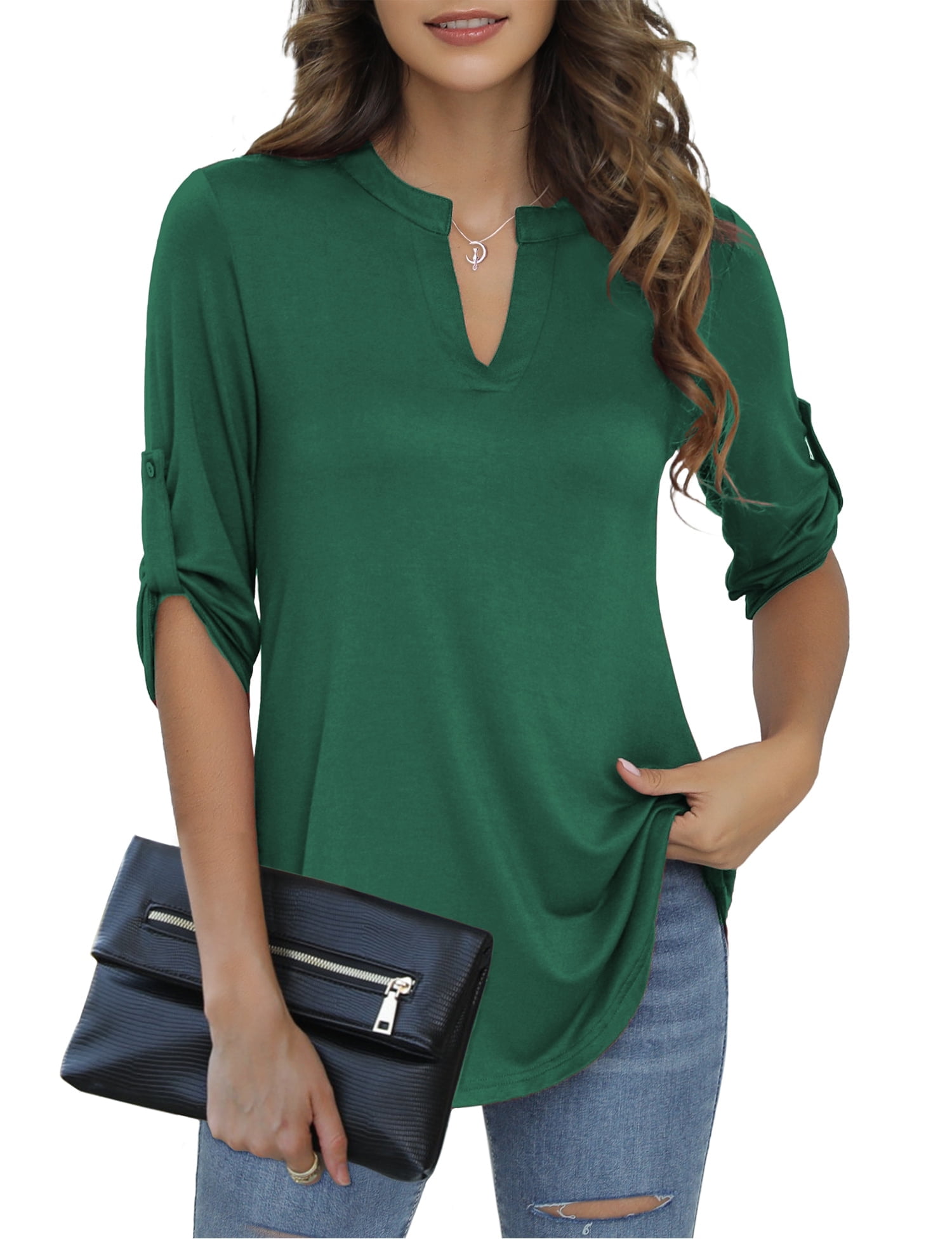 LETDIOSTO Women's Plus Size Floral V-Neck Tunic Tops, 3/4 Roll Sleeve ...