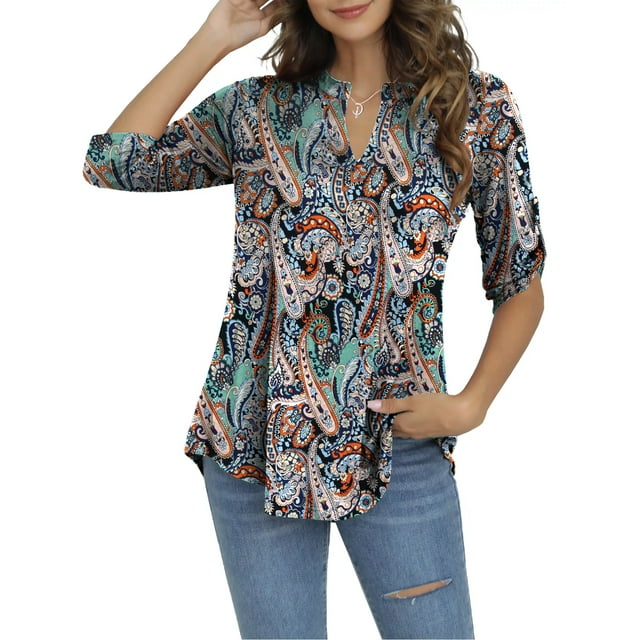 Letdiosto Womens Plus Size Shirts 3 4 Roll Sleeve V Neck Floral Flowy