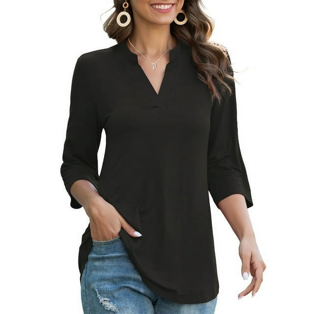 Letdiosto Womens Plus Size Shirts 3 4 Roll Sleeve V Neck Floral Flowy
