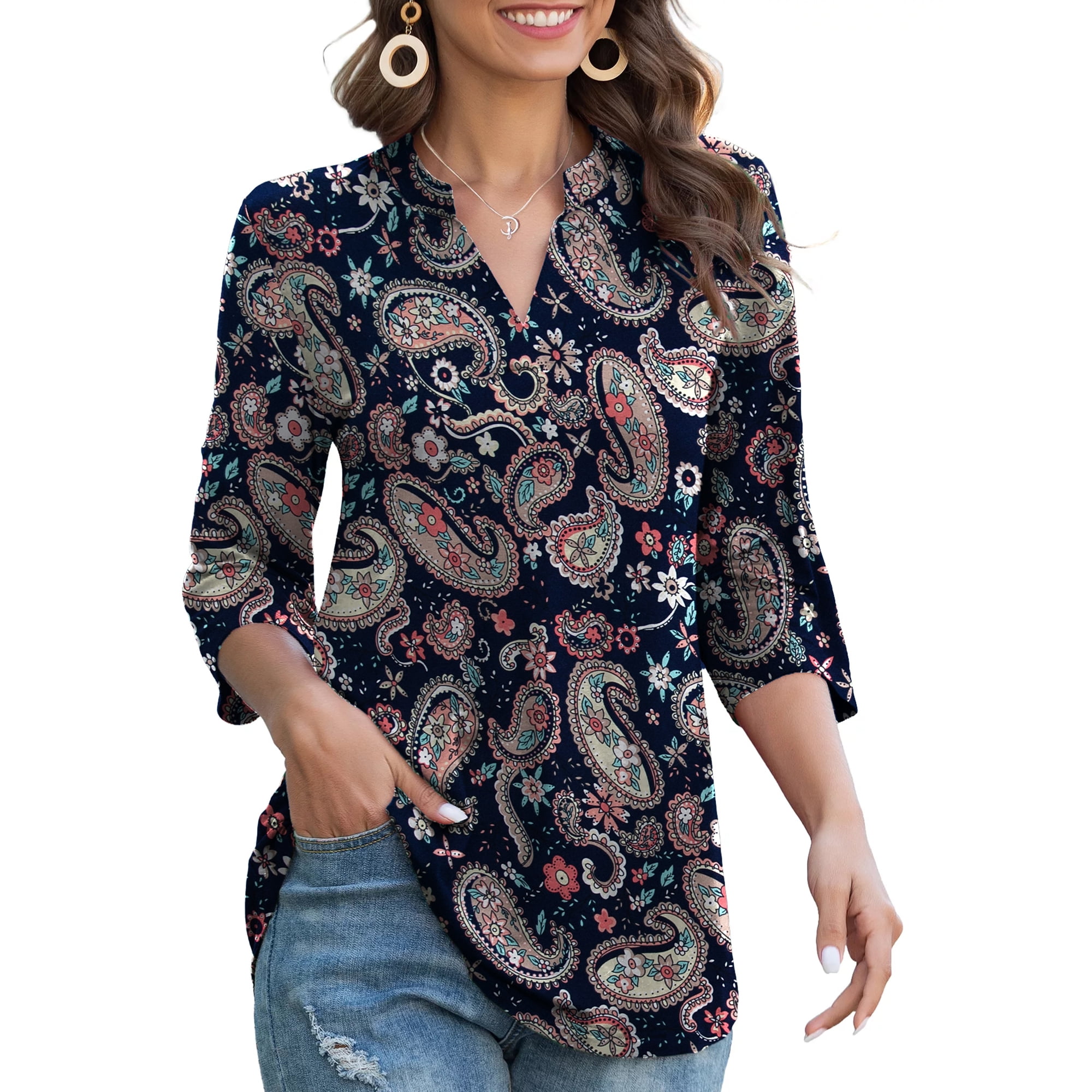 Letdiosto Womens Plus Size Shirts 3 4 Roll Sleeve V Neck Floral Flowy