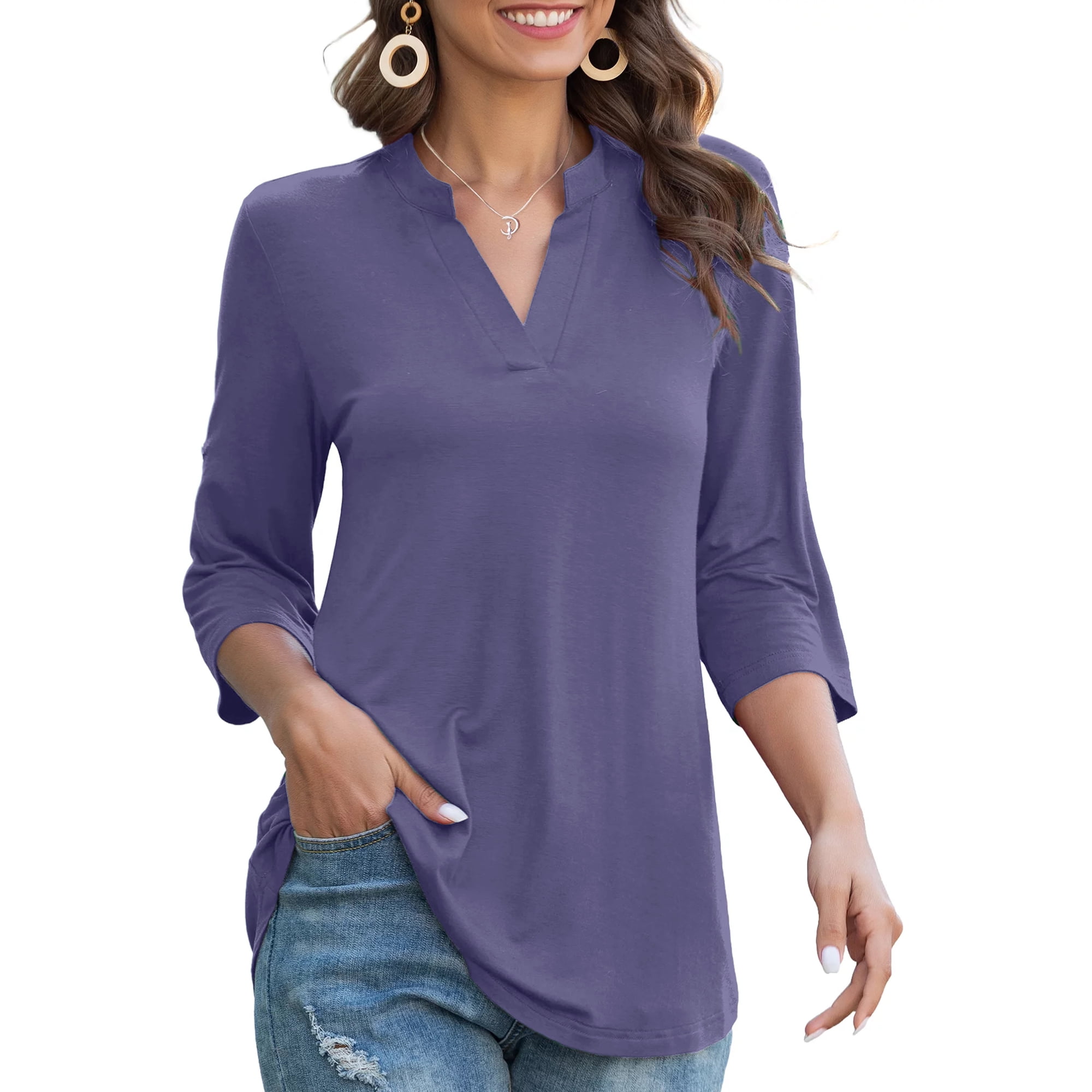Letdiosto Womens Plus Size Shirts 3 4 Roll Sleeve V Neck Floral Flowy