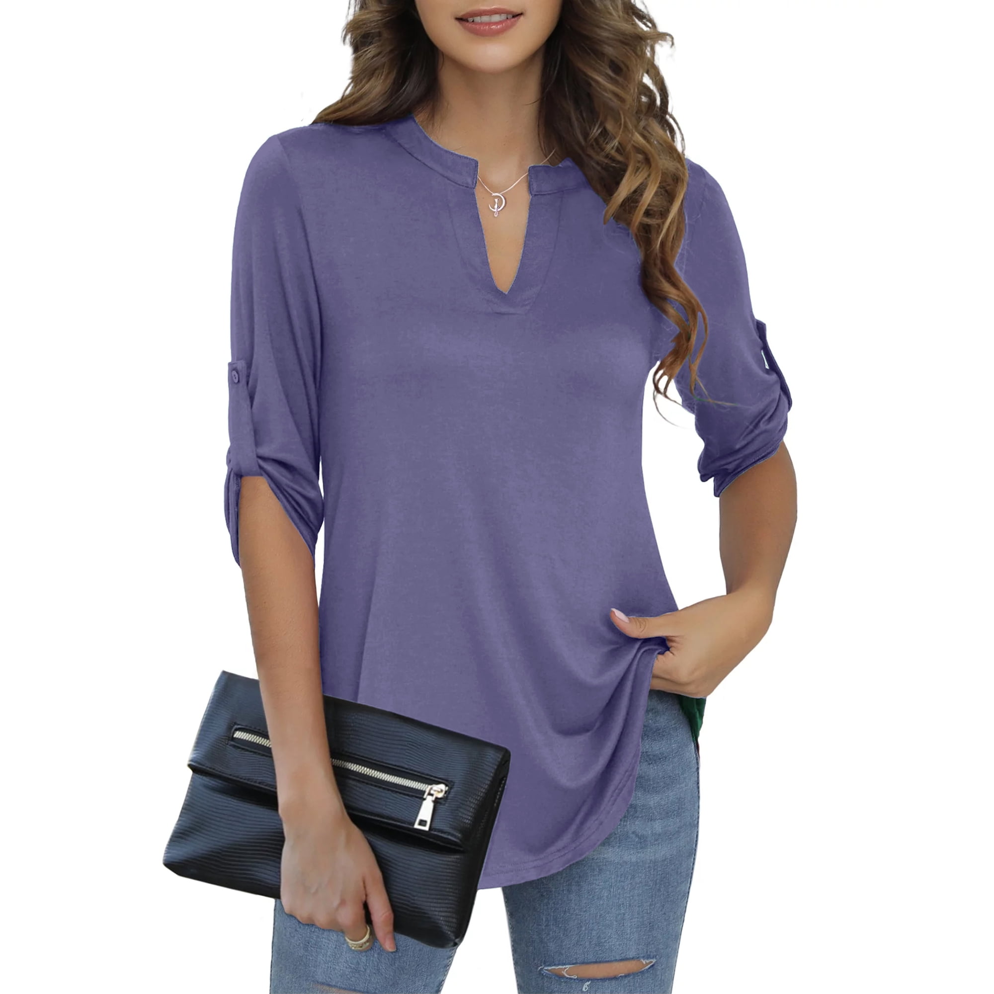 LETDIOSTO Womens Plus Size Shirts 3/4 Roll Sleeve V Neck Floral Flowy ...