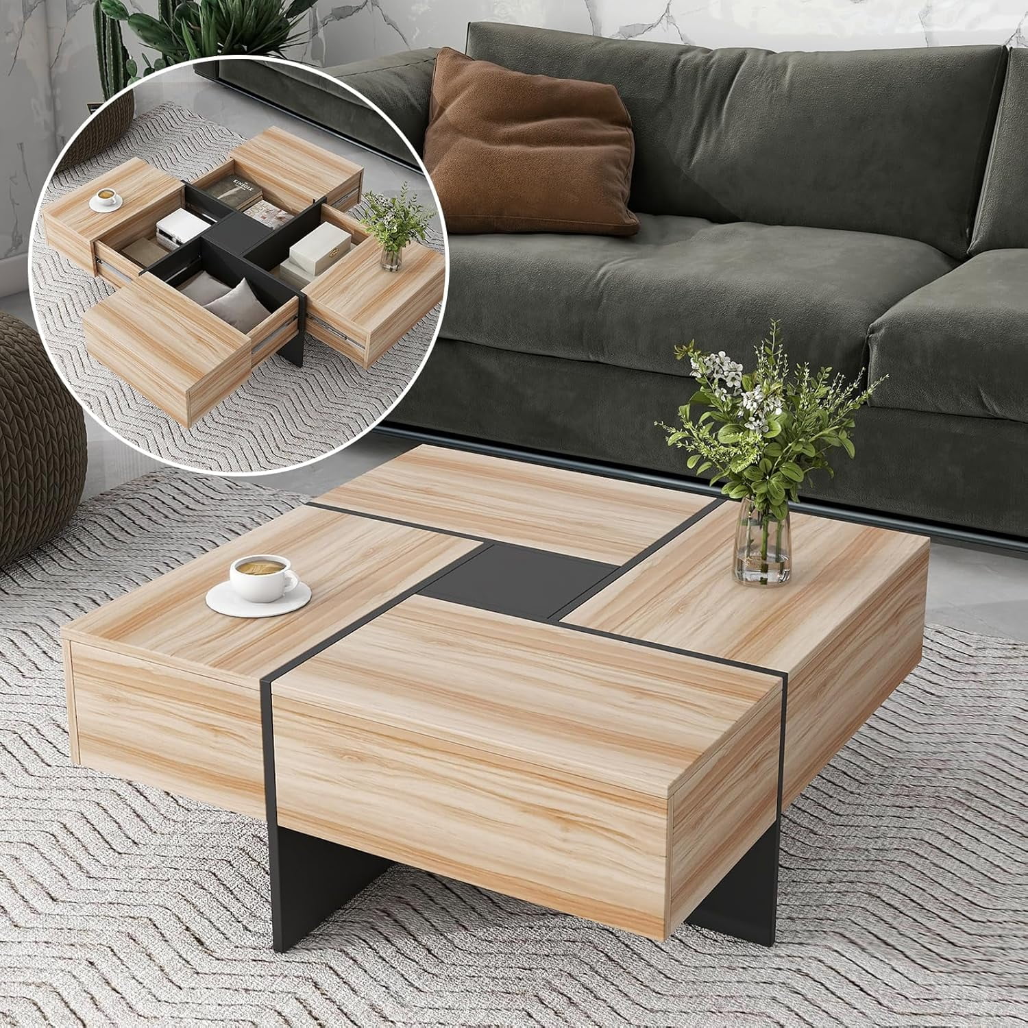 LETESA Coffee Table with 4 Hidden Storage Compartments, Pull-Out Center ...