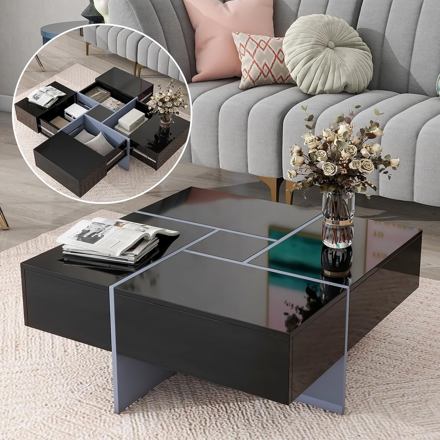 LETESA Coffee Table with 4 Hidden Storage Compartments, Pull-Out Center ...