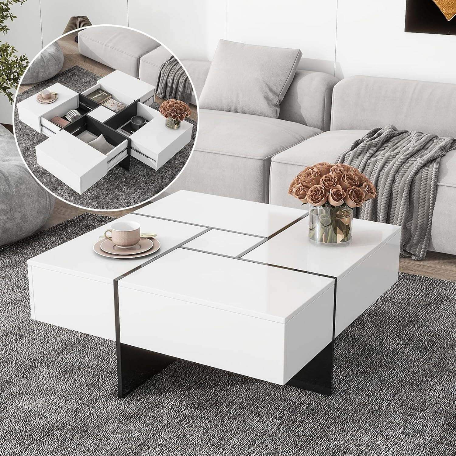 LETESA Coffee Table with 4 Hidden Storage Compartments, Pull-Out Center ...
