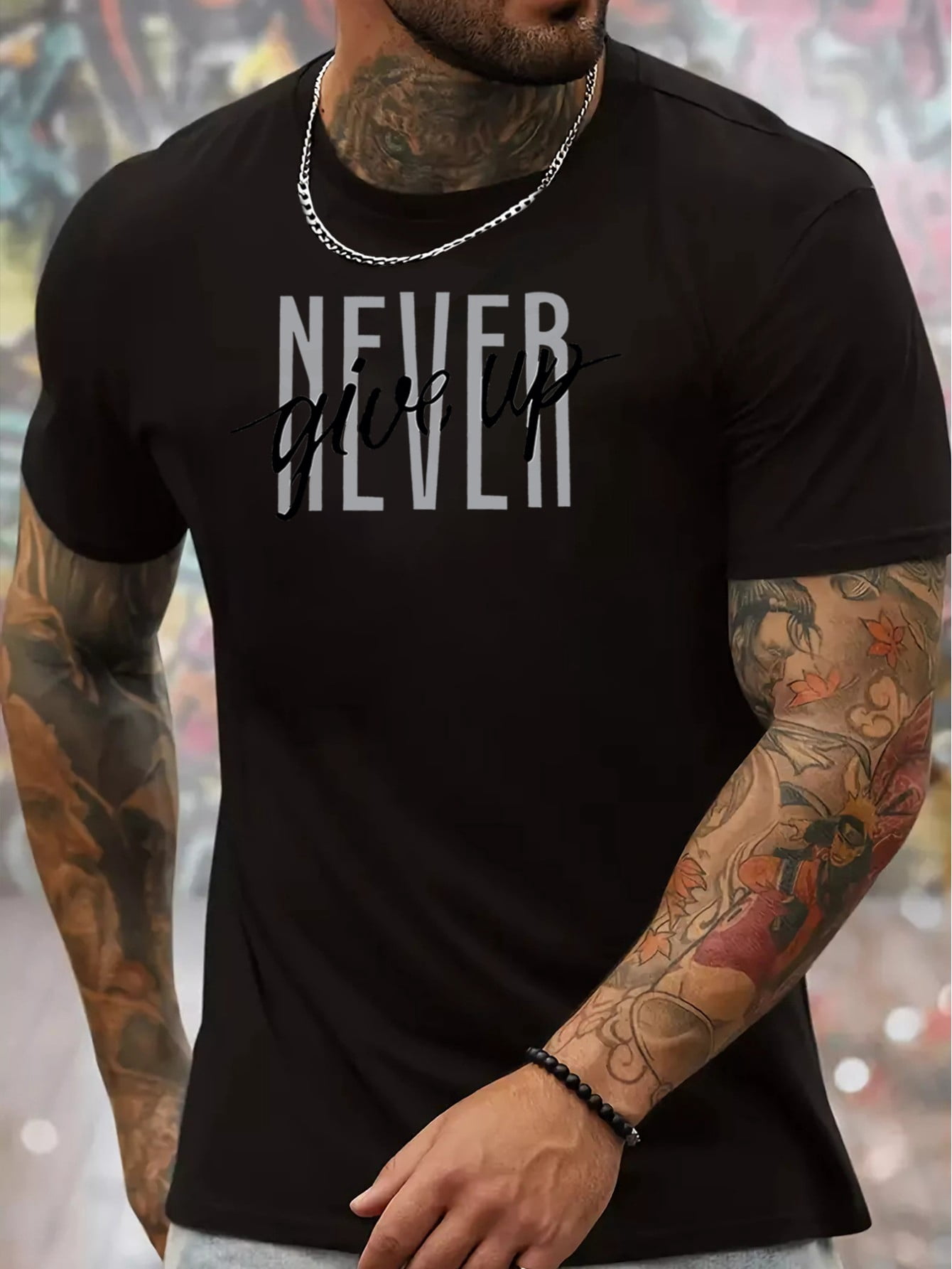 LETTER NEVER Print, Men's Graphic Design Crew Neck T-shirt, Casual ...