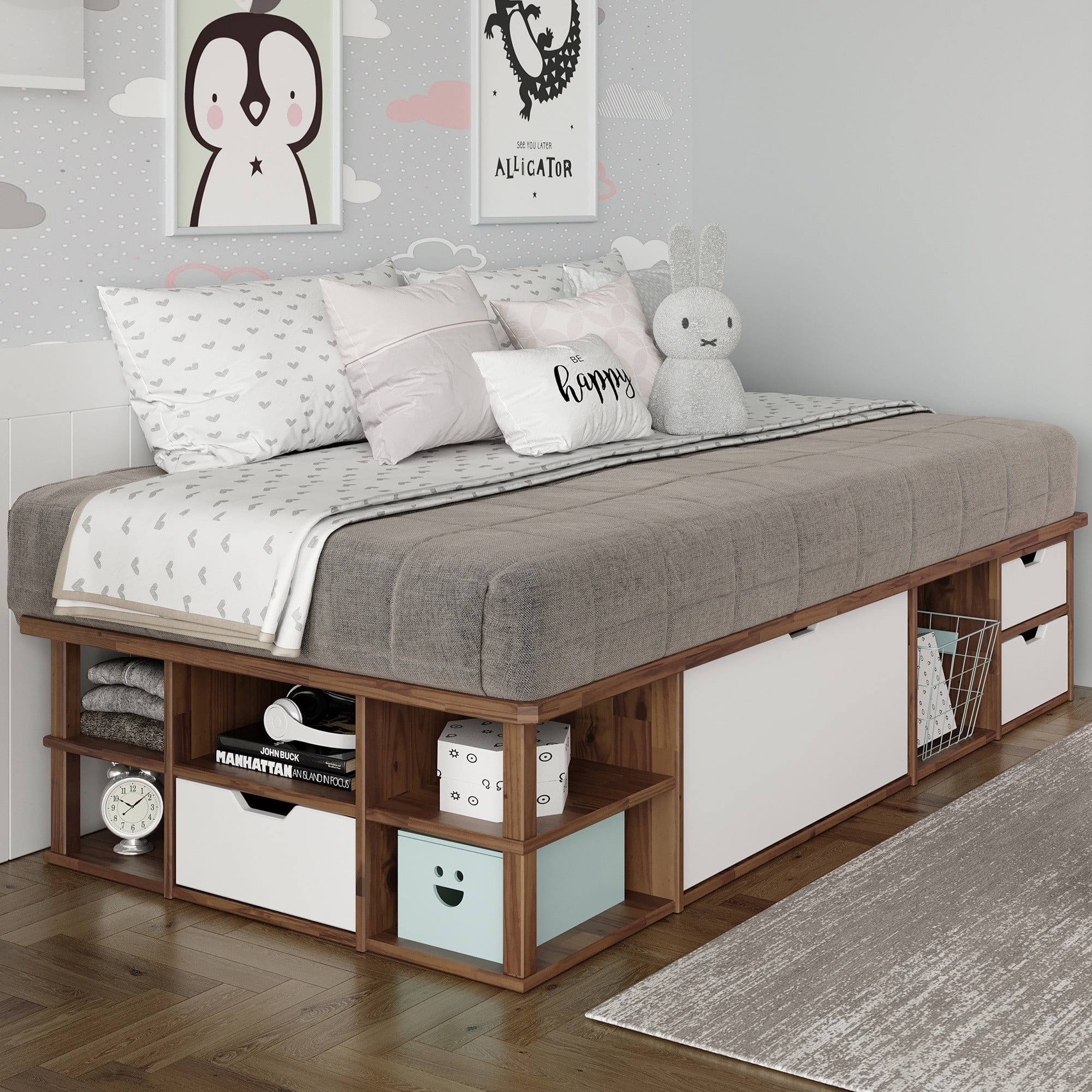LETTO Wooden Twin XL Bed Frame with Storage - Solid Wood Platform Twin ...