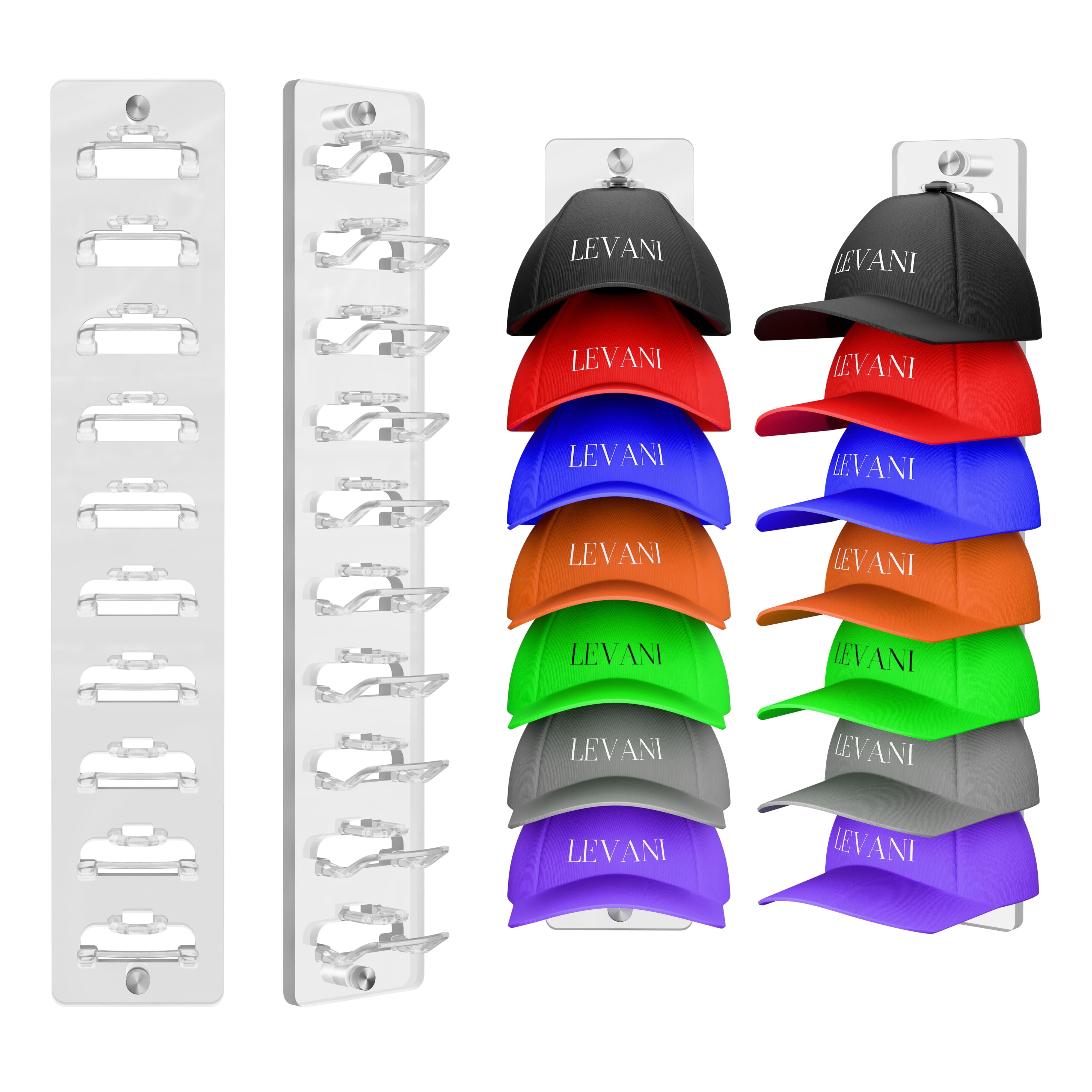 LEVANI Hat Rack for Baseball Caps – (2) Clear Acrylic Hat Organizers w ...