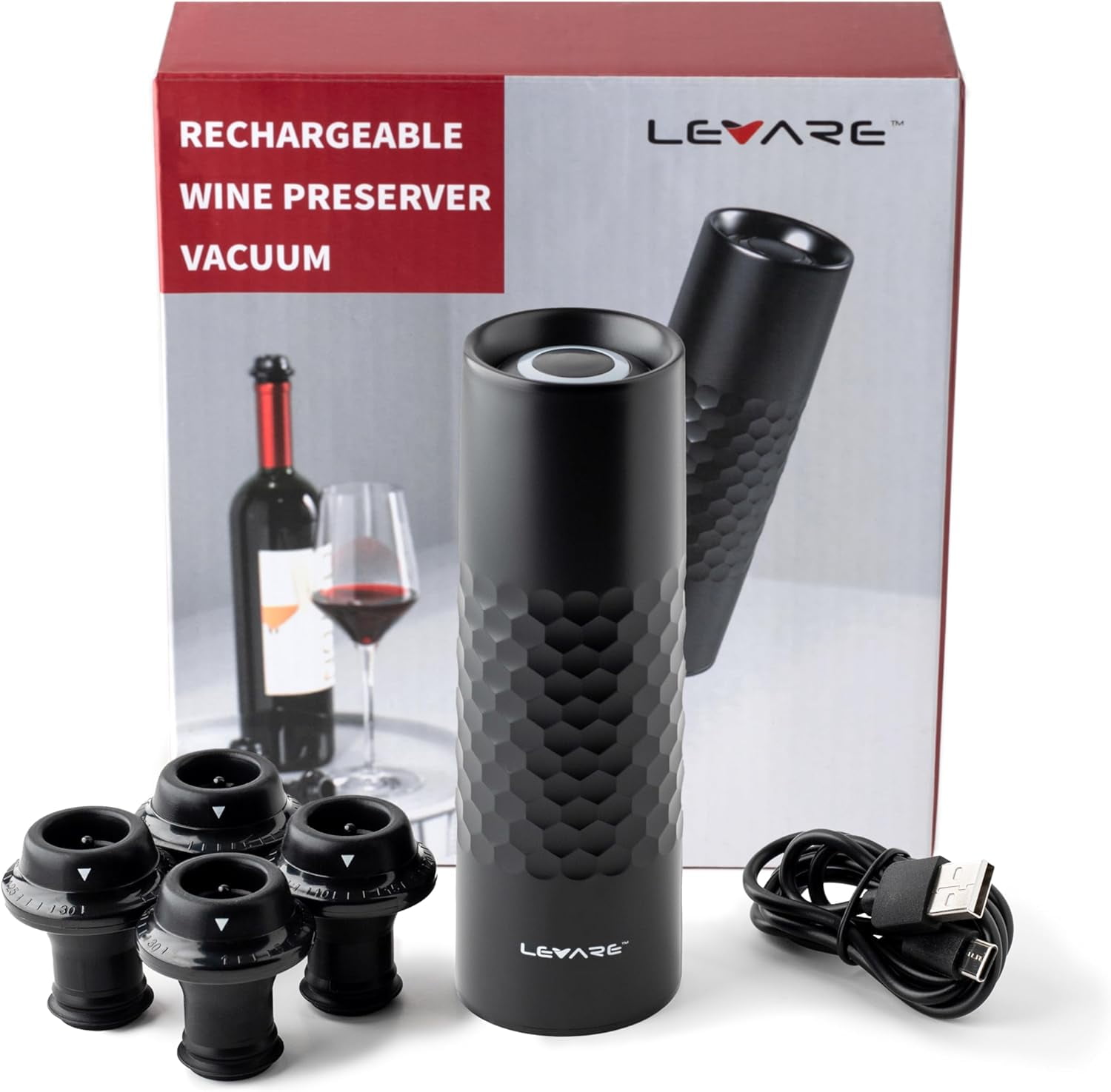 Levare Rechargeable Wine Saver Vacuum Pump Sealer - USB-C Charger, 4 ...