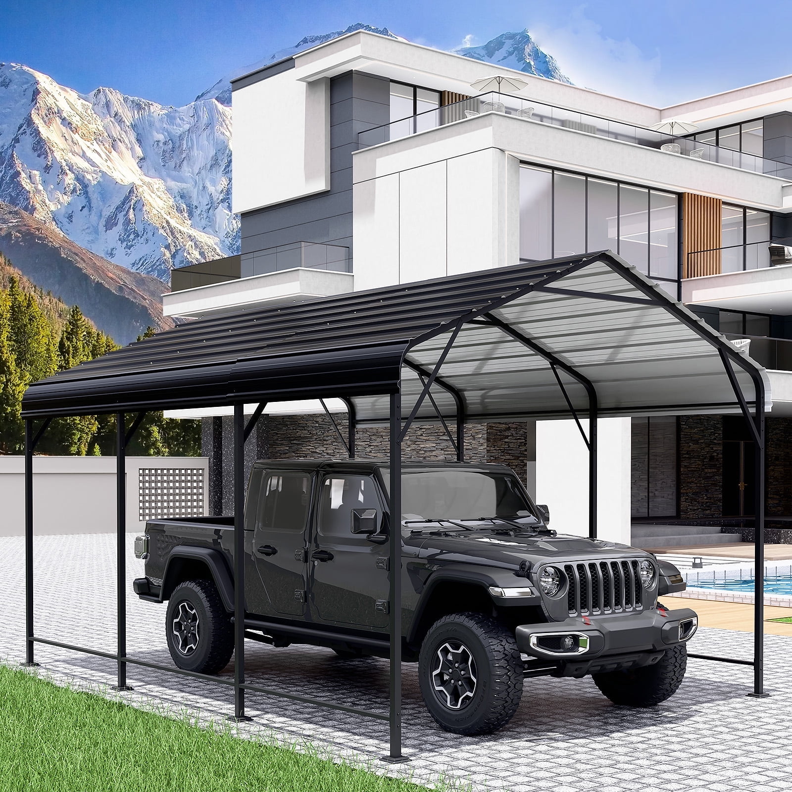LEVELEVE 10x15 FT Heavy-Duty Metal Carport, Galvanized Steel Car Canopy ...