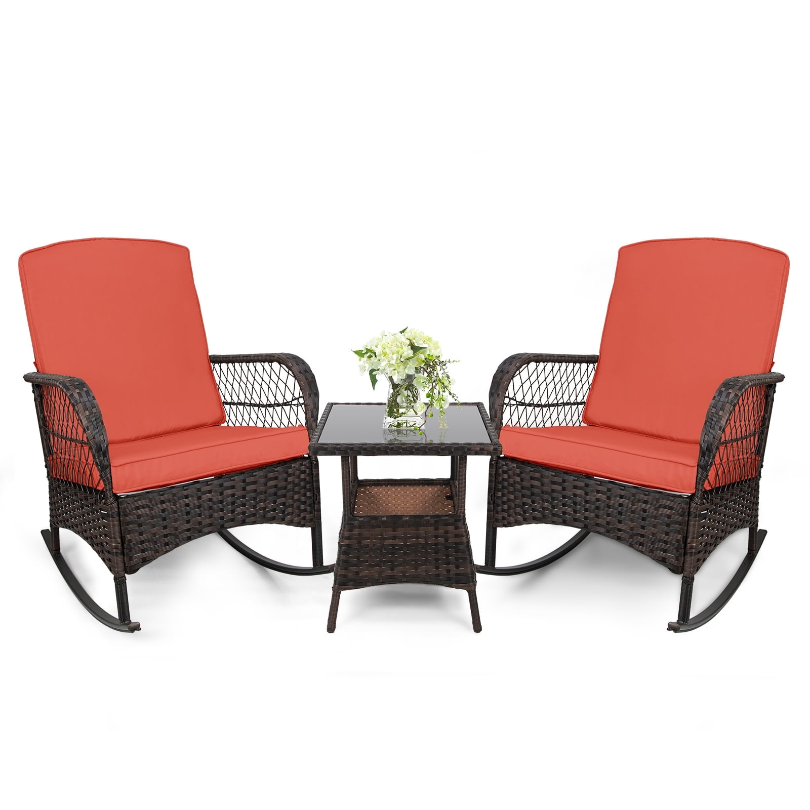 LEVELEVE 3pcs PE Wicker Patio Rockers & Glass Table Set for Outdoor ...