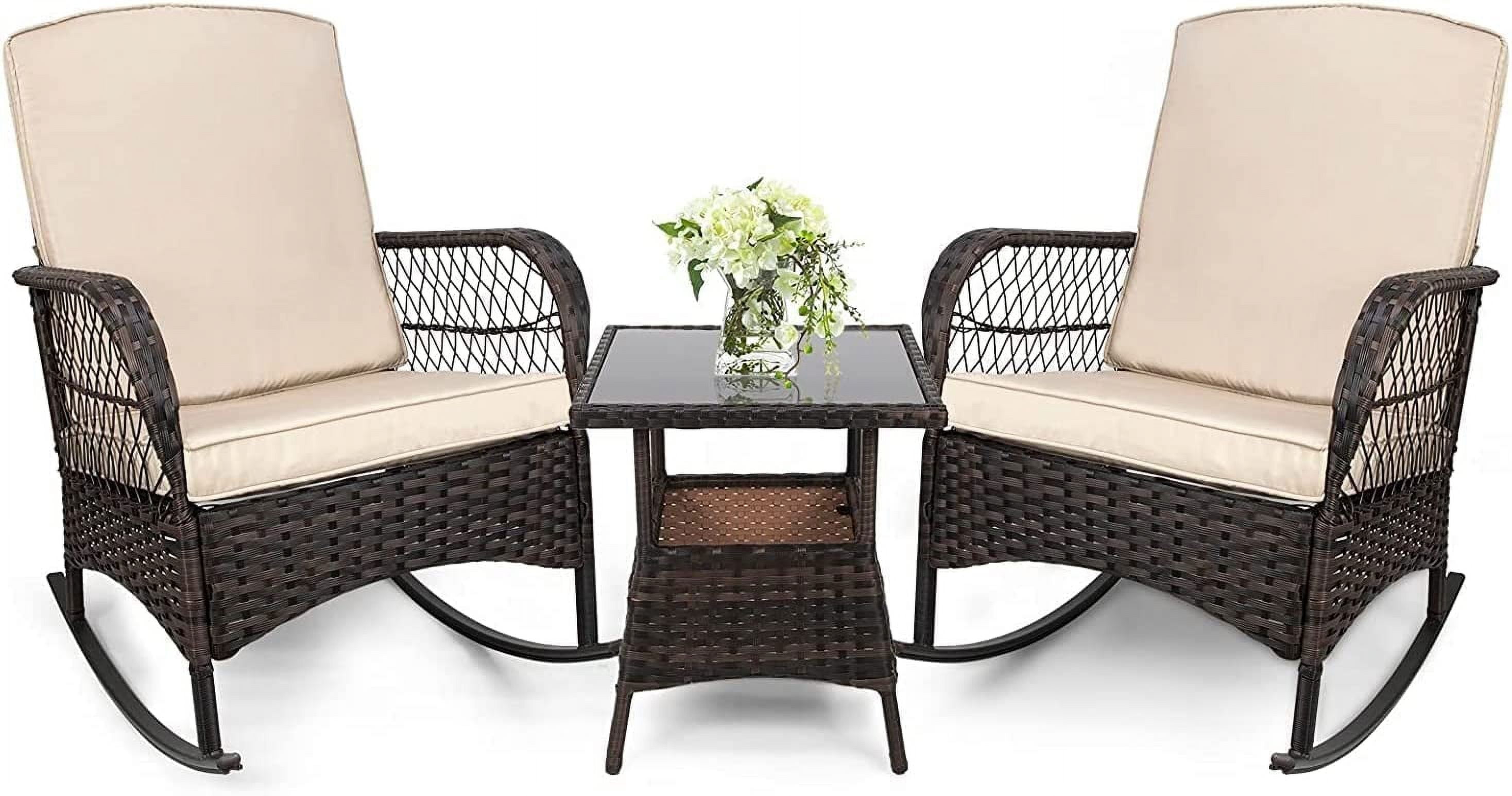 LevelEve 3-Piece PE Wicker Outdoor Rocking Chairs & Glass Table Set for ...