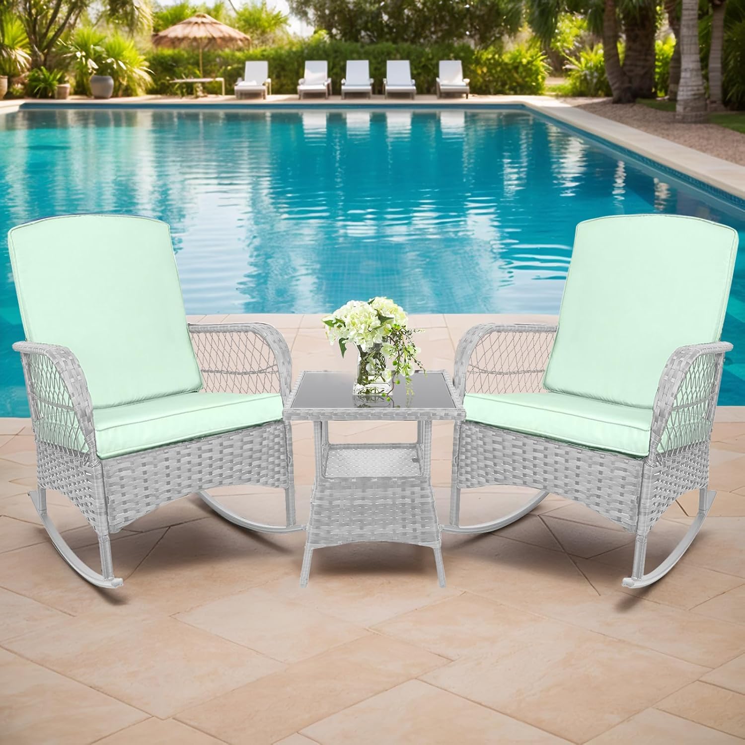 LEVELEVE 3 pcs Rocking Bistro Set Conversation Chairs PE Wicker Outdoor ...
