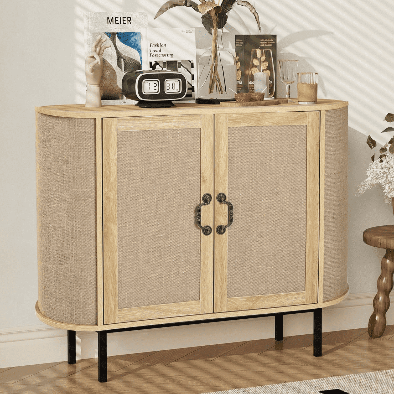 MIYZEAL 39.4" Rattan Buffet Cabinet with Storage, Curved Storage ...
