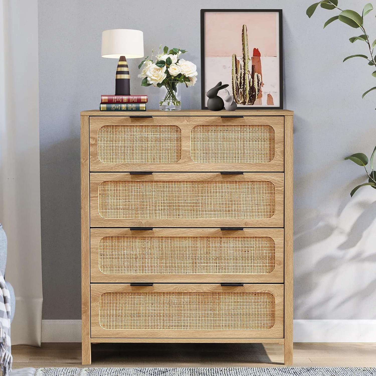 LEVNARY 4 Drawer Dresser for Bedroom, Rattan Dresser Drawers Storage ...