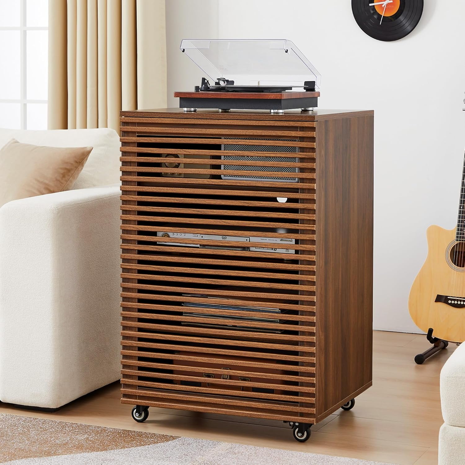 LEVNARY 5-Tier AV Media Cabinet with Grille Door & Adjustable Shelves ...