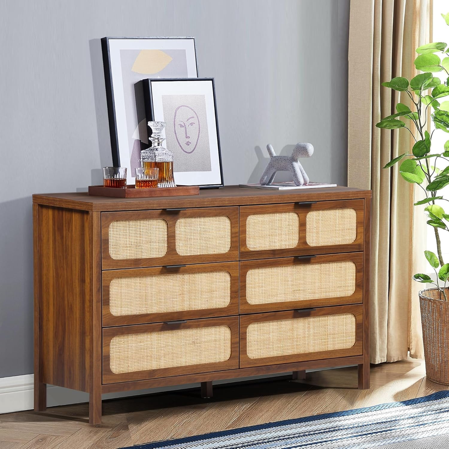 LEVNARY 6 Drawer Dresser for Bedroom, Rattan Dresser Drawer Organizer ...