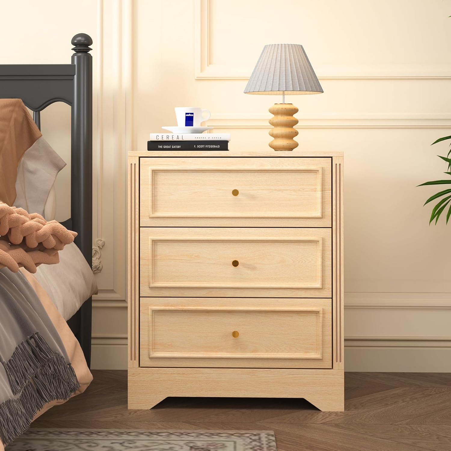 LEVNARY Farmhouse 3-Drawer Nightstand with Carved Sides, Wooden End ...